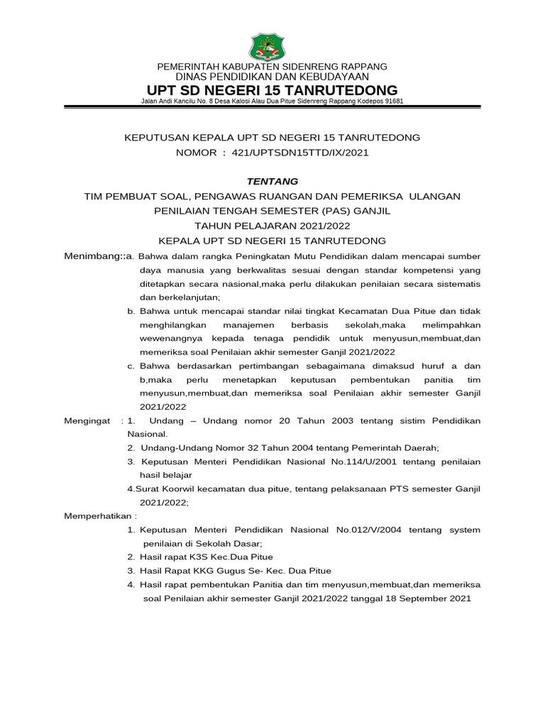 SK Pembagian Tugas Pts 2021 Ganjil | PDF