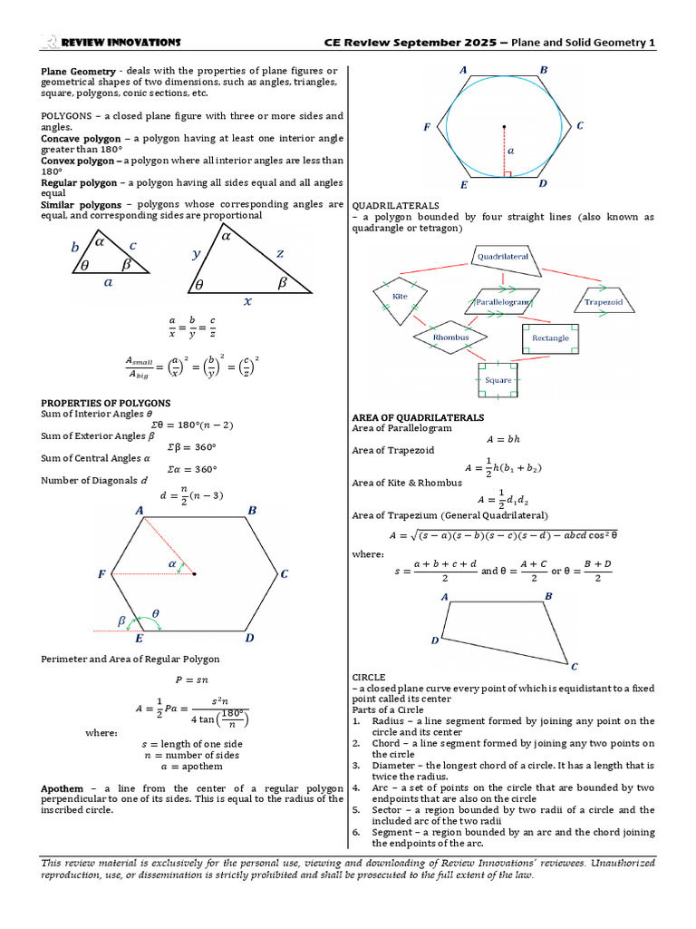 Plane & Solid Geometry 1 - Online | PDF | Circle | Area