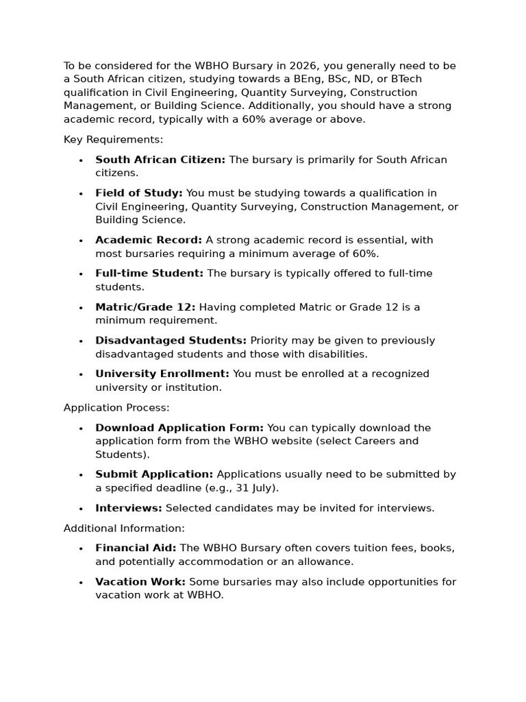 WBHO Bursary 31 July | PDF