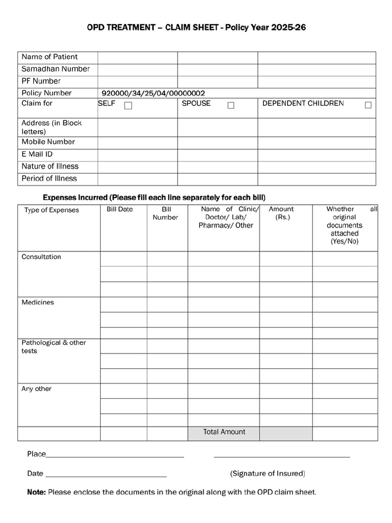 RBI OPD Claim Form For The Year of 2025-2026 | PDF