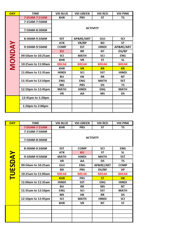 Class 8 Updated Weekly TT | PDF