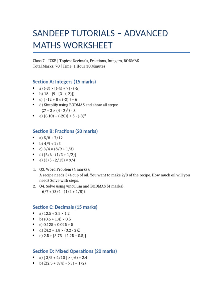 Class 7 ICSE Advanced Maths Worksheet | PDF