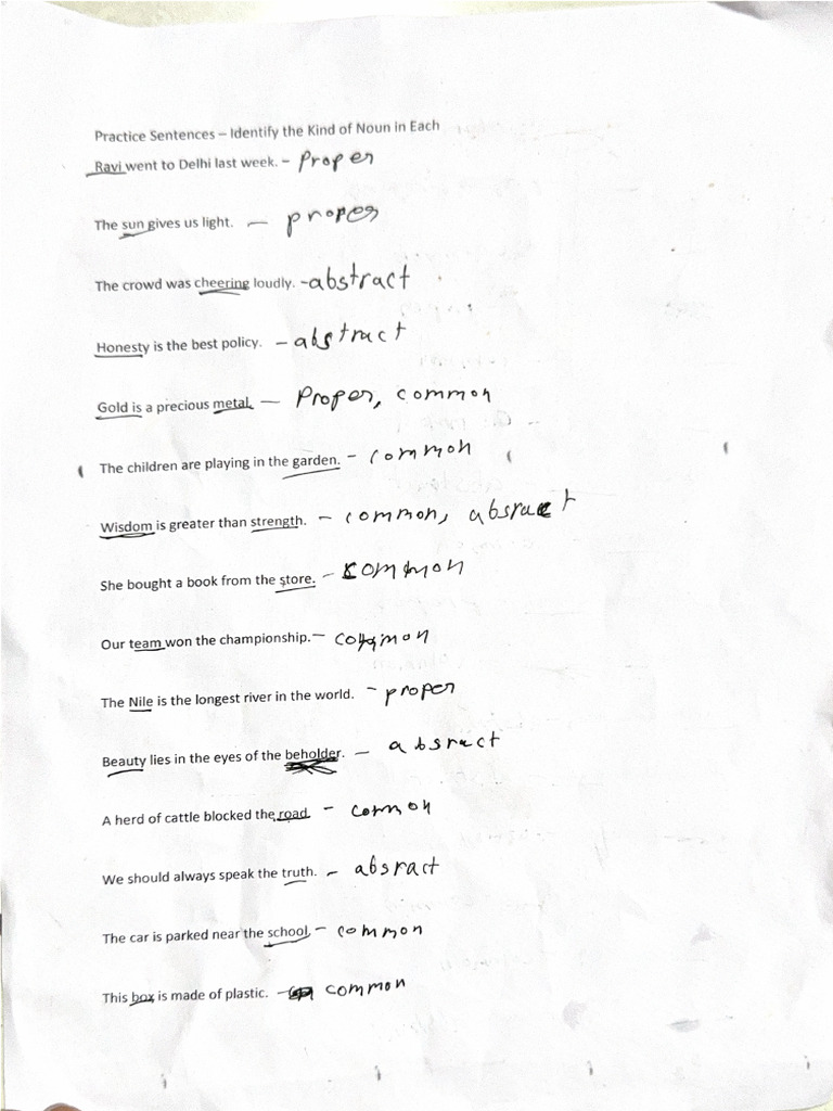 Practice Sentences - Identify The Kind of Noun in Each | PDF