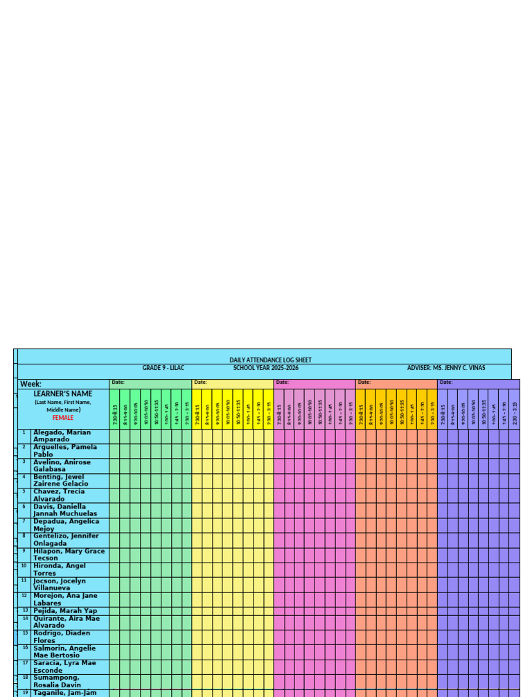 Attendance Sheet 9-Lilac 2025-2026 | PDF