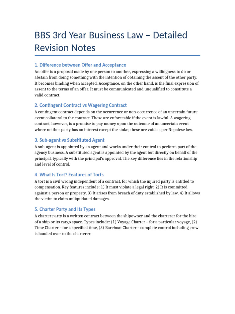 BBS Business Law Detailed Revision Notes | PDF