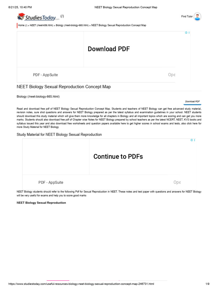 NEET Biology Sexual Reproduction Concept Map | PDF | Biology | Plants