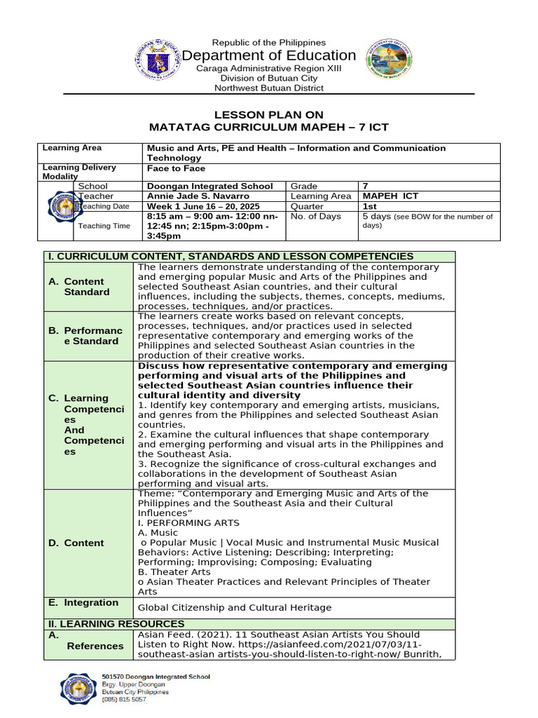 LP Matatag Mapeh 7 Dis | PDF | Numbers | Decimal