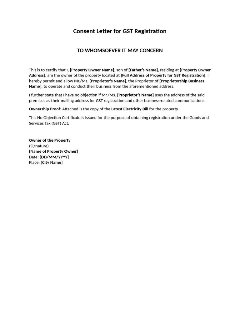Consent Letter for GST Registration | PDF