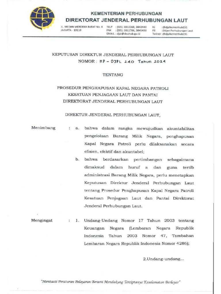 KP DJPL 240 Tahun 2024 Prosedur Penghapusan KNP KPLP | PDF