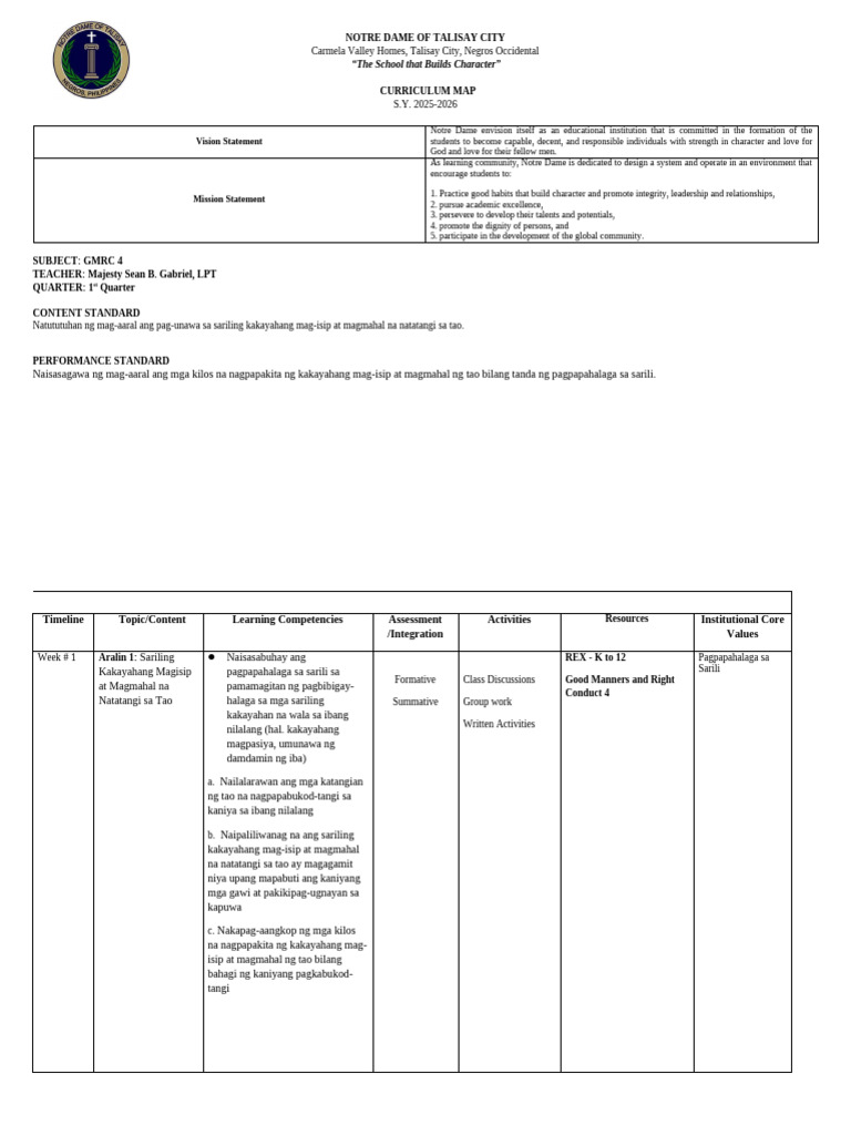 Curriculum Map g4 | PDF