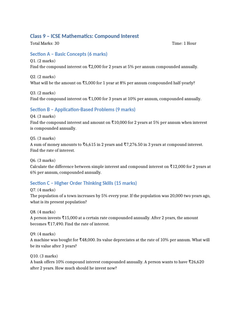 Compound Interest Question Paper Class9 ICSE | PDF