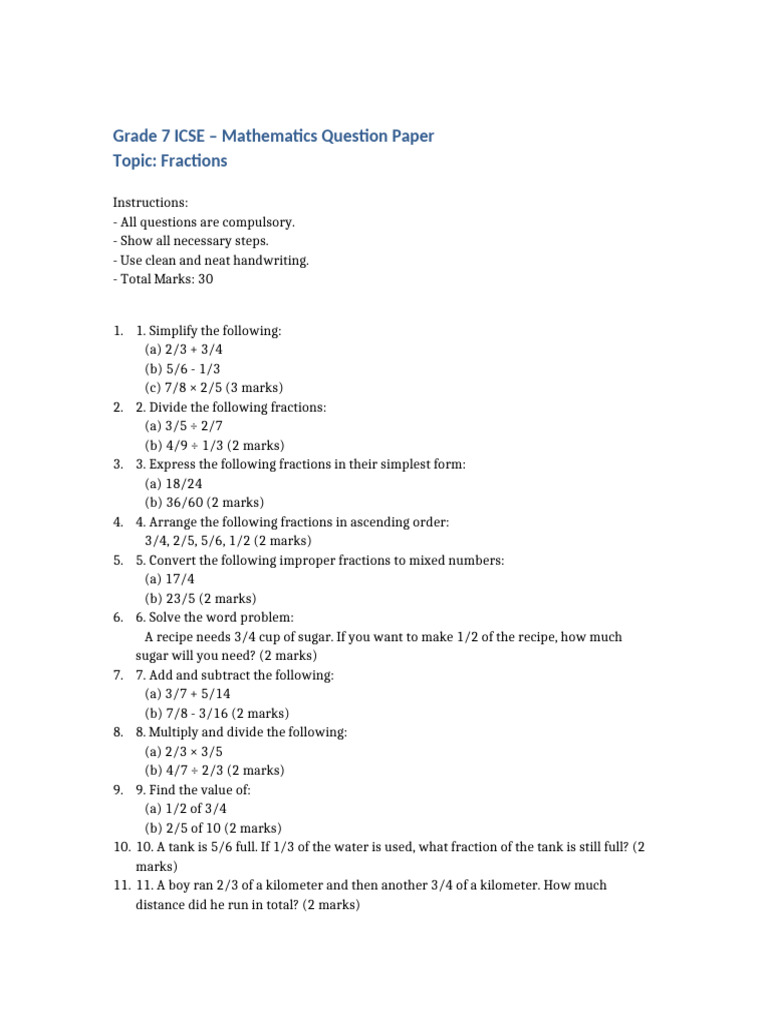Fractions Question Paper Grade7 ICSE | PDF