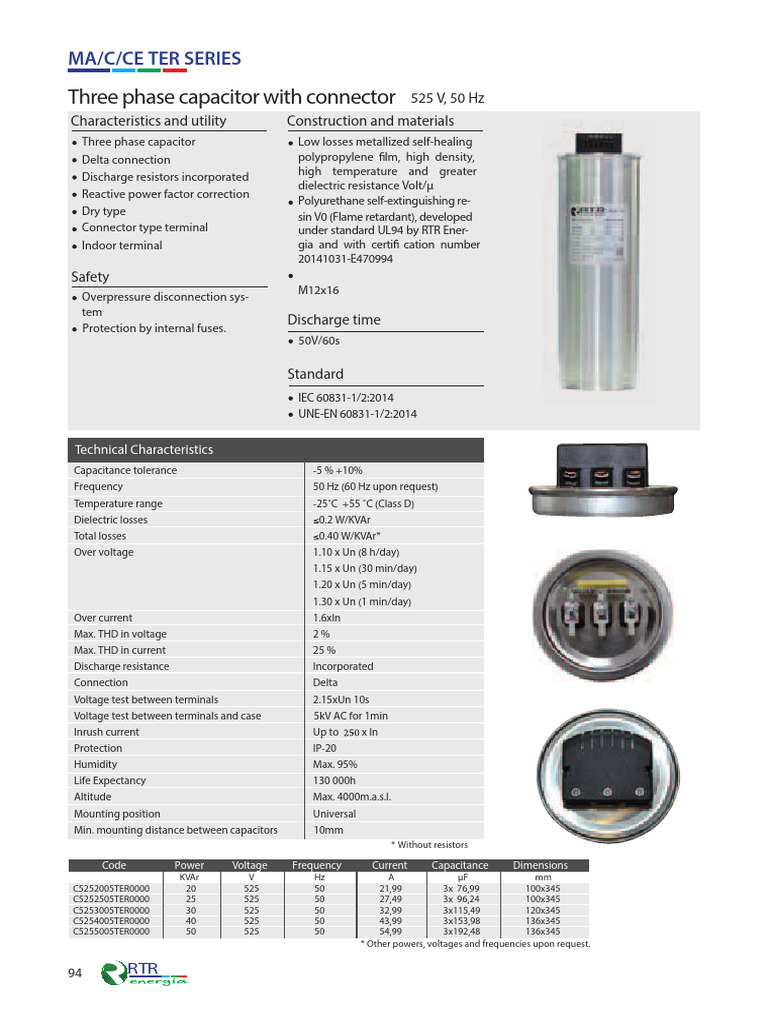 Catalogue RTR C Series 525V | PDF | Capacitor | Electricity