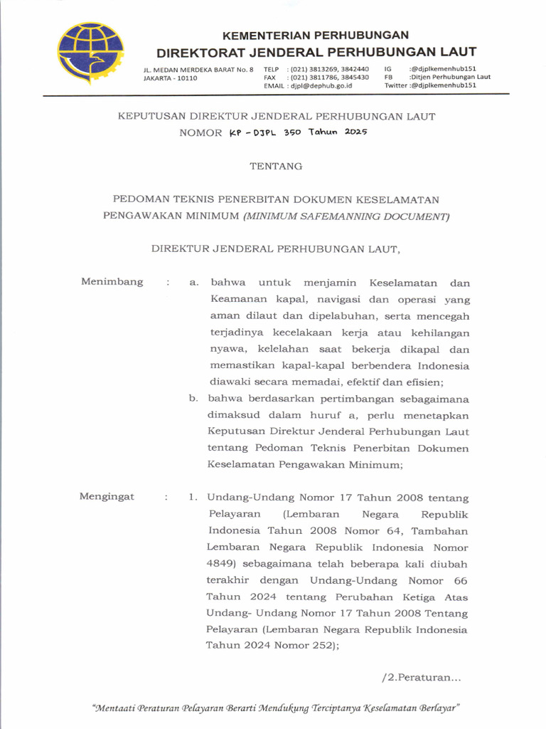 Kep Dirjen Pedoman Teknis Penerbitan Dokumen Safe Manning | PDF