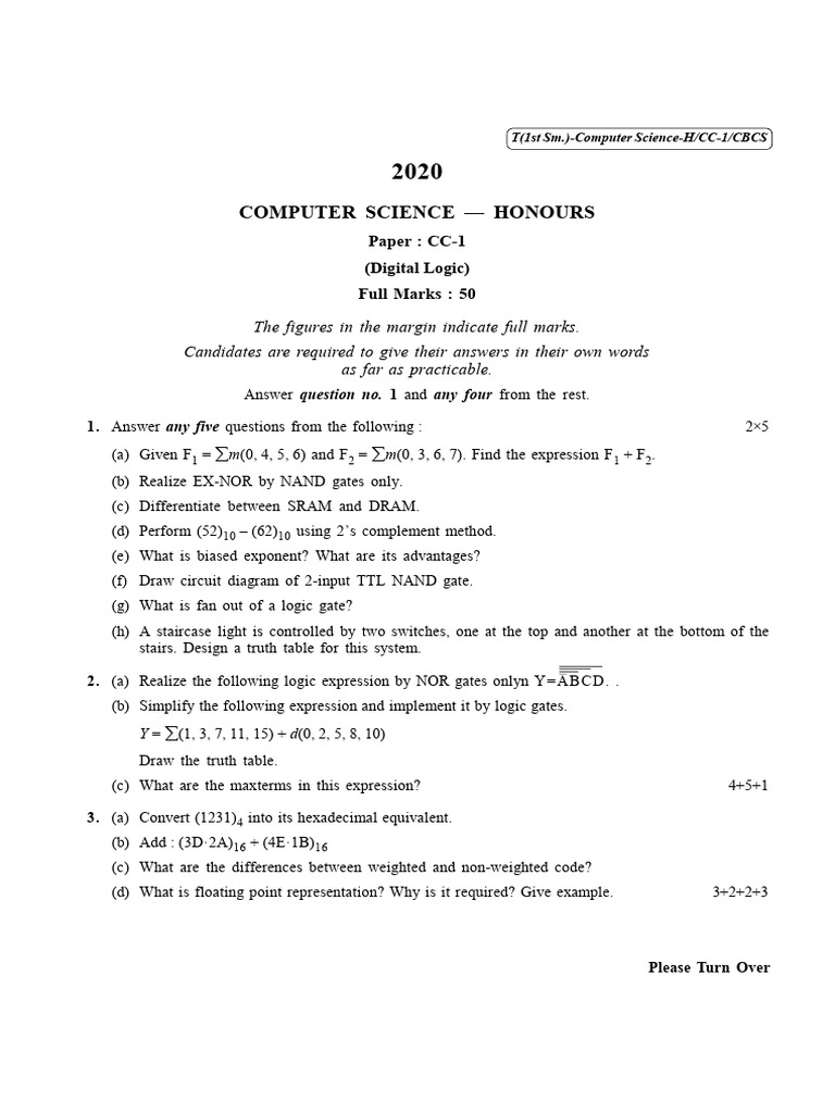 CU-2020 B.sc. (Honours) Computer Science Semester-I Paper-CC-1 QP | PDF | Logic Gate | Electronics
