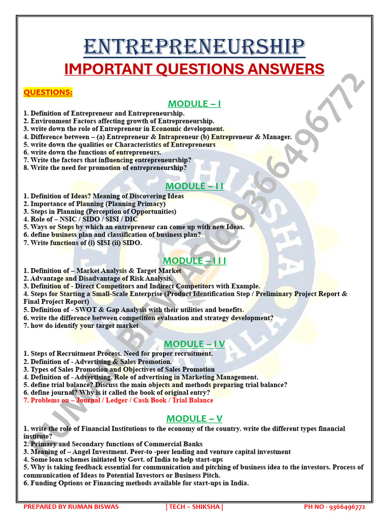 Entrepreneurship Sugstn Answers 2025 | PDF | Entrepreneurship | Debits ...