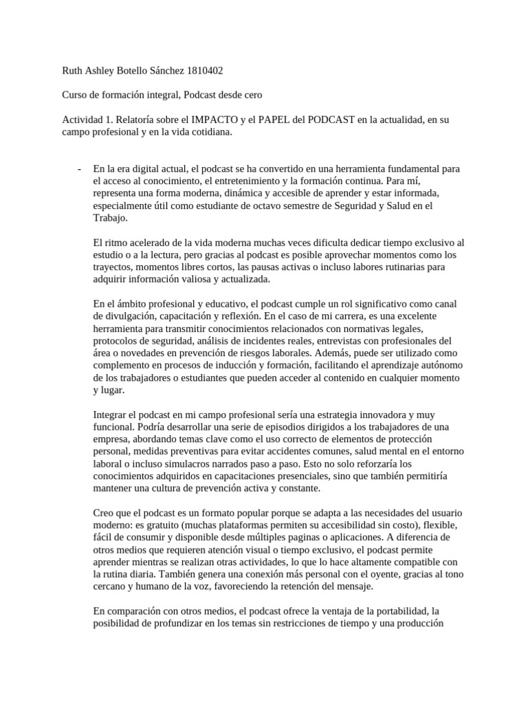 Actividad 1 Relatoria importancia del podcast, curso bienestar Ruth ...