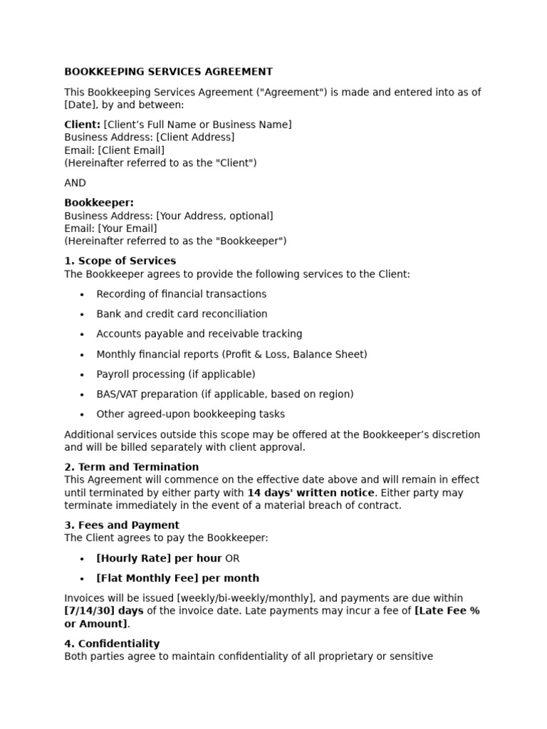 Bookkeeping Services Agreement Sample | PDF | Bookkeeping | Accounts ...