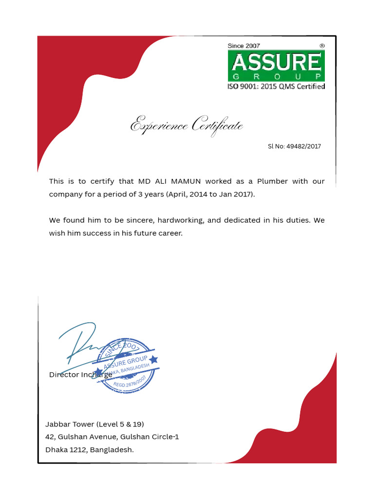 Experience Certificate for MD Ali Mamun | PDF