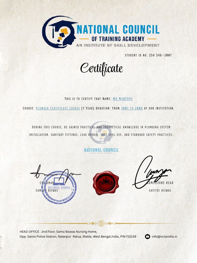 Mahfuz Plumber Course Certificate | PDF