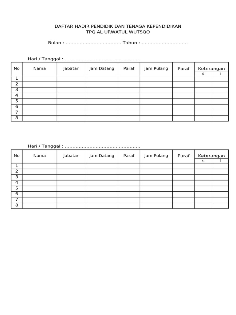 Daftar Hadir Pendidik Dan Tenaga Kependidikan | PDF