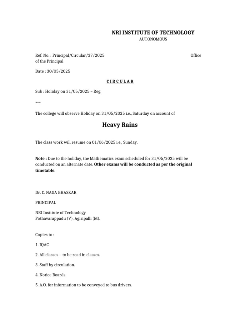 Updated Circular Holiday Heavy Rains 31-05-2025 | PDF