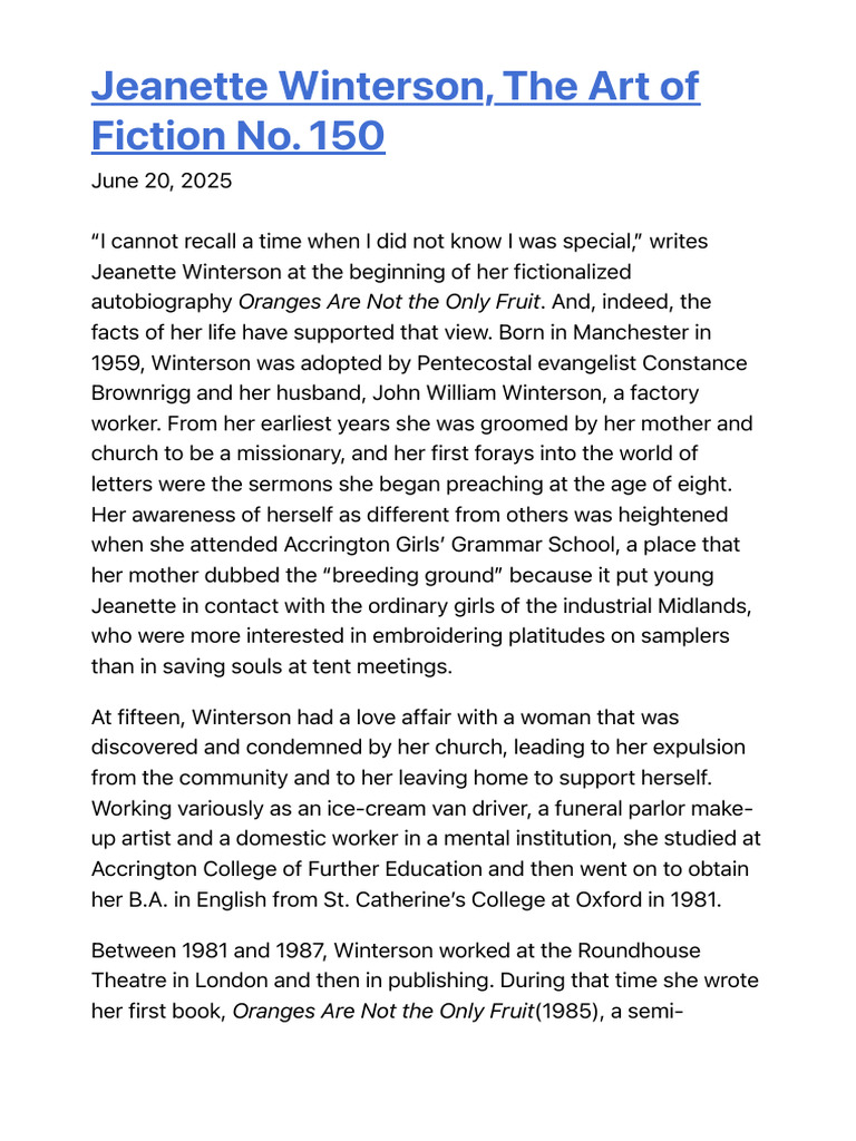 Paris Review - Jeanette Winterson, The Art of Fiction No. 150 | PDF