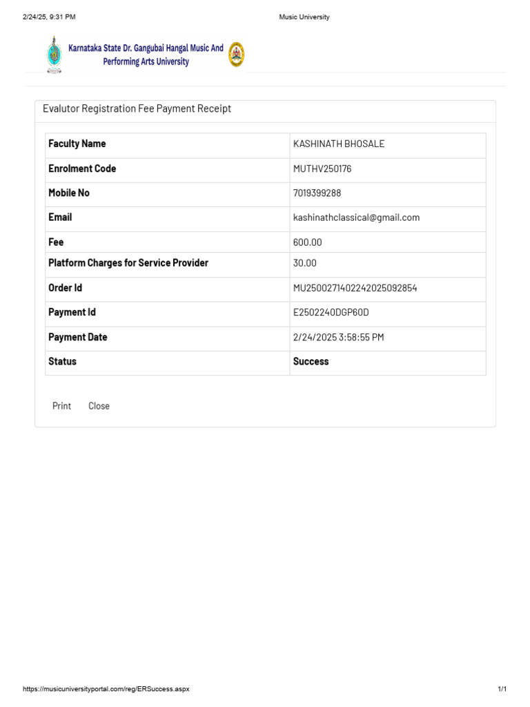 Music University Payment Receipt | PDF