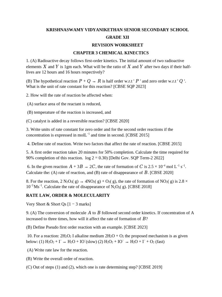 Class Xii CH 3 Worksheet | PDF | Chemical Reactions | Chemical Kinetics