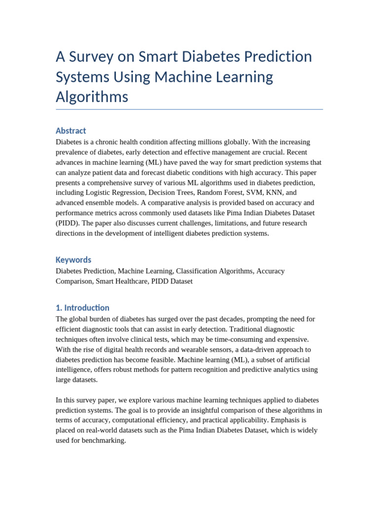 Survey Smart Diabetes Prediction ML | PDF | Machine Learning ...