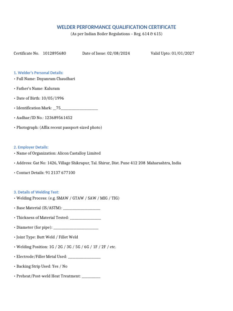 Welder Certificate IBR Format Filled | PDF