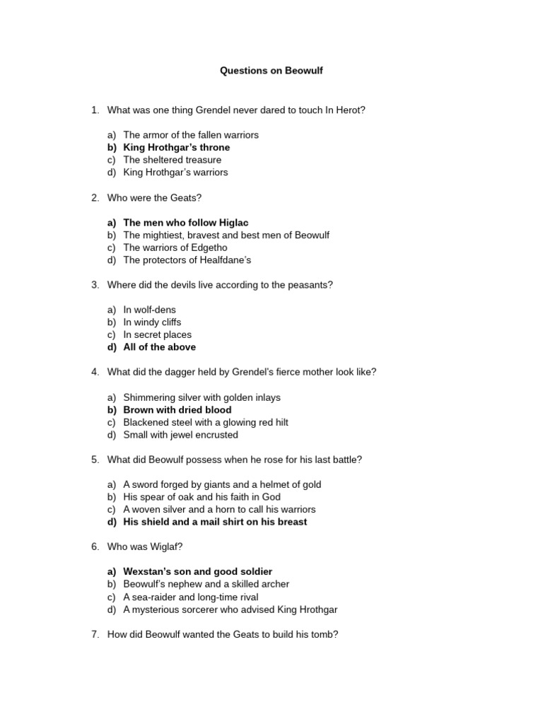 Questions On Beowulf | PDF | Beowulf | Geats
