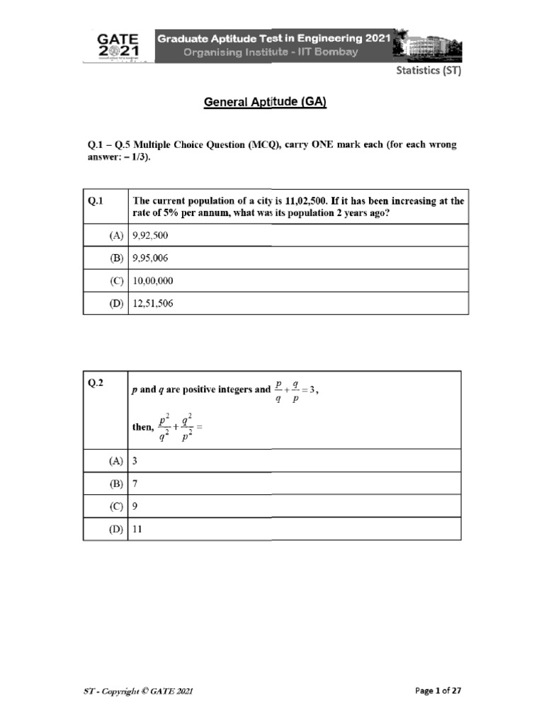 Gate 2021 ST Question Paper | PDF