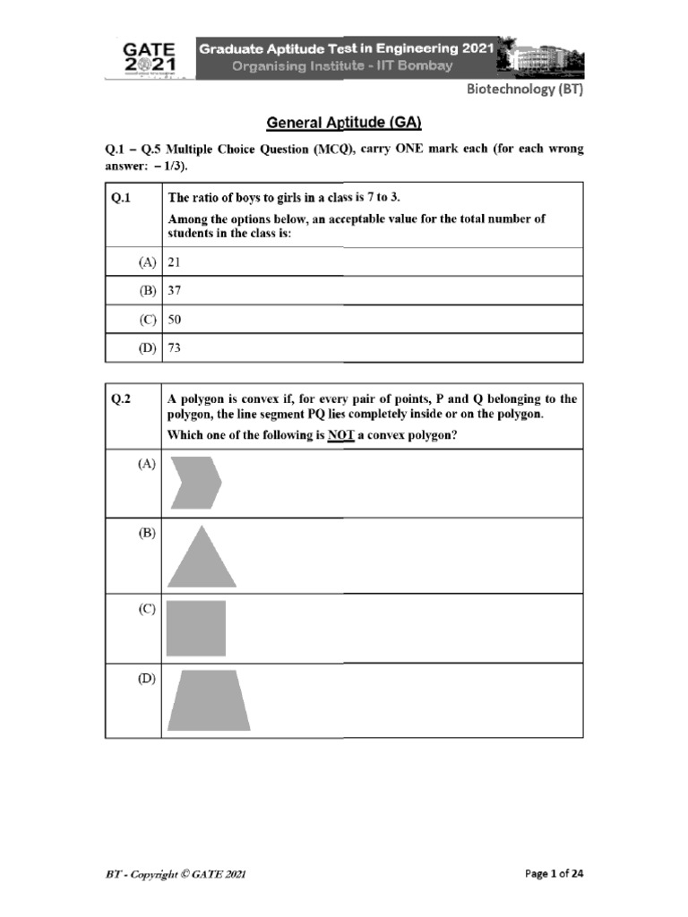 Gate 2021 BT Question Paper | PDF