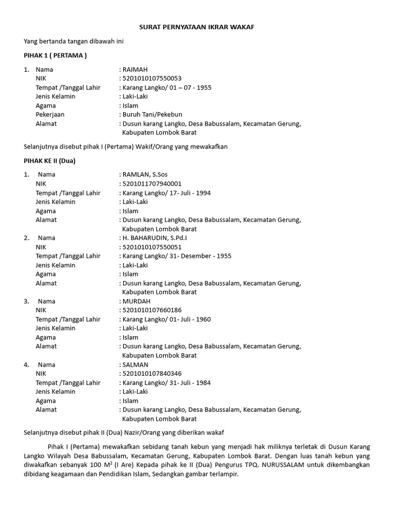 Ikrar Wakaf Tanah di Lombok Barat | PDF