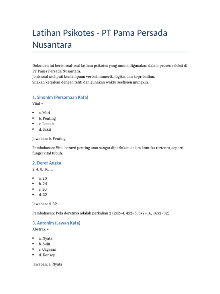 Latihan Psikotes PT Pama Persada | PDF
