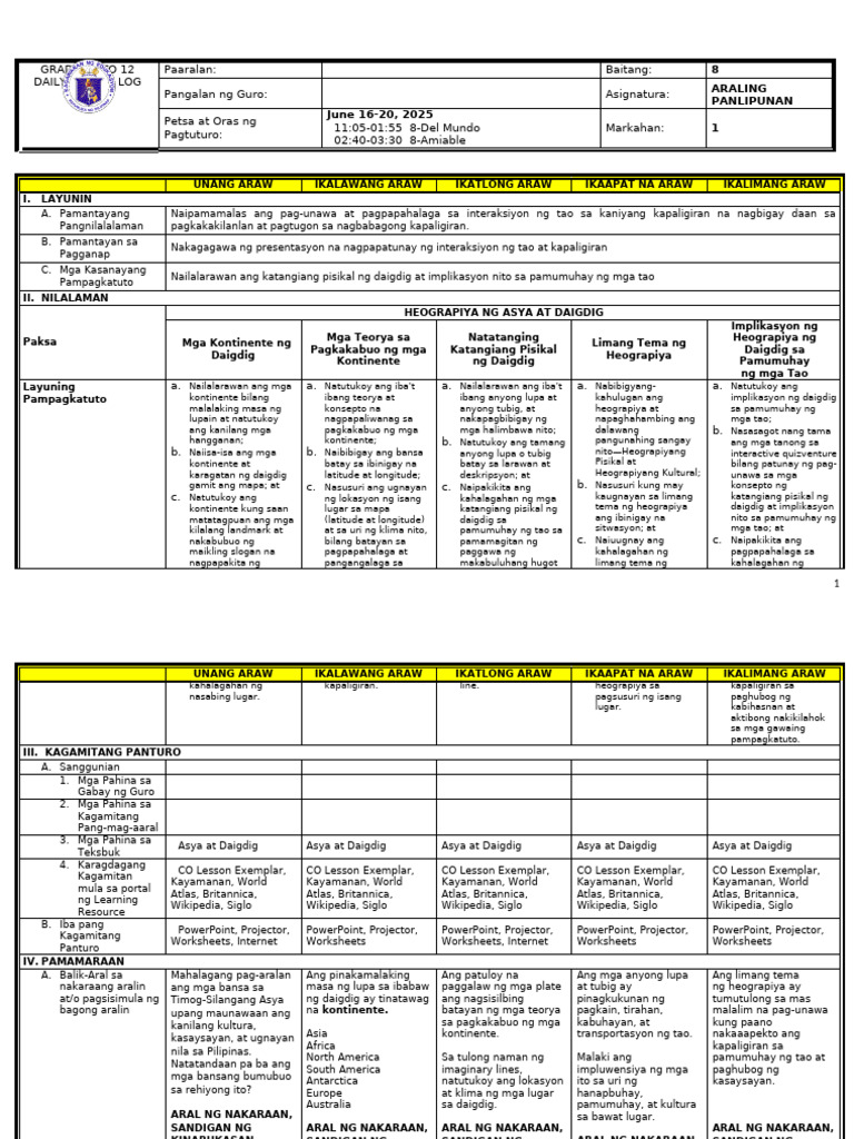 AP8 Q1 Week 1 MATATAG DLL | PDF