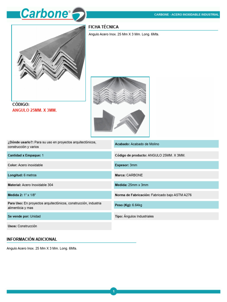 683-MXT-AR-SPC-0064. Ficha Técnica Esquinero de Acero Inoxidable | PDF