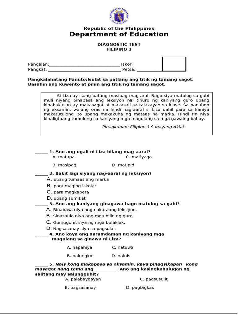Diagnostic Test Filipino 3 | PDF