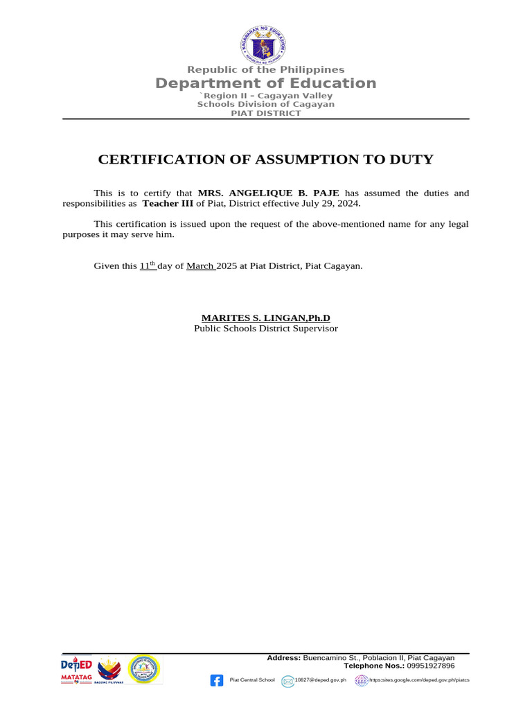 Certification of Assumption To Duty | PDF