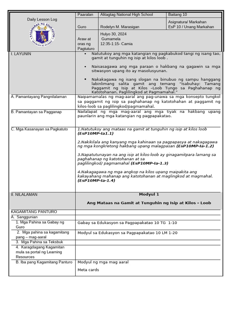 ESP DLL - 1stgrading - 2024 - g10 - d2 - w1 | PDF