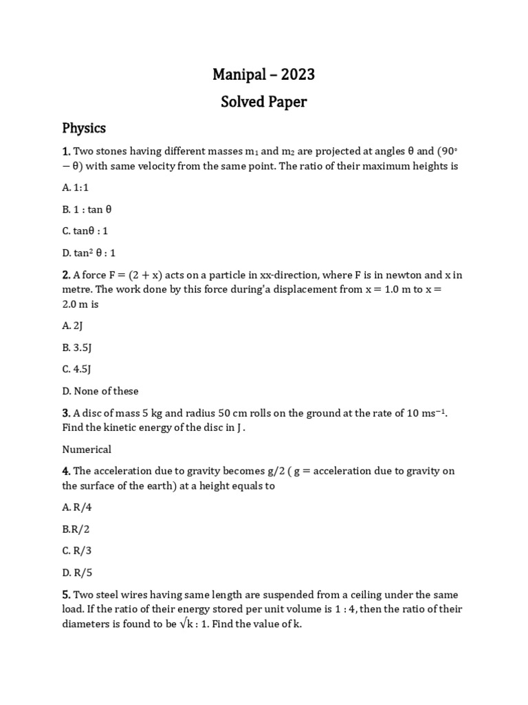 Manipal - 2023 Solved Paper: Physics | PDF | Photoelectric Effect ...
