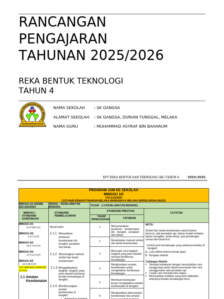 RPT RBT THN 4 2025-2026 SK Gangsa-Boleh Guna | PDF