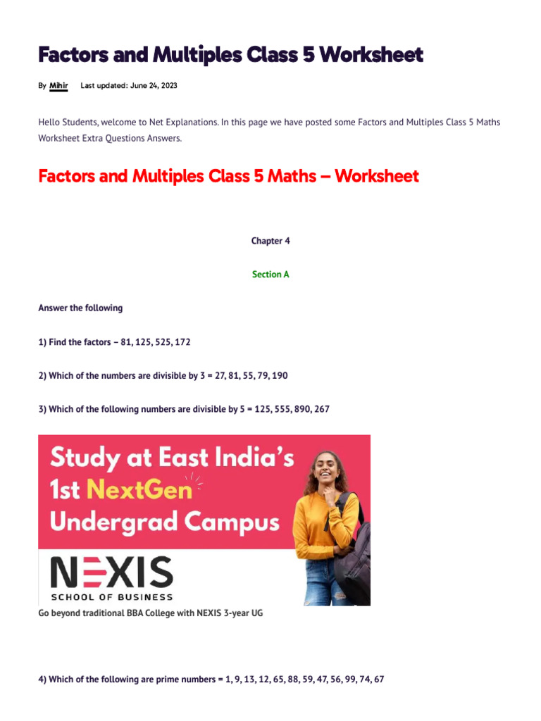Factors and Multiples Class 5 Maths - Worksheet | PDF | Mathematics ...