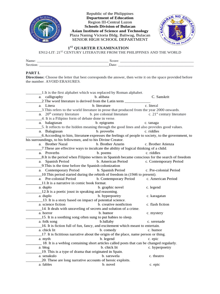 EN12 LIT 1st Quarter Assessment | PDF | Narrative | Writing