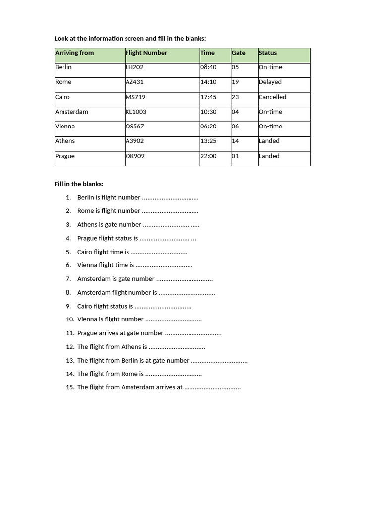 Airport Information Screen and Fill in The Blanks | PDF