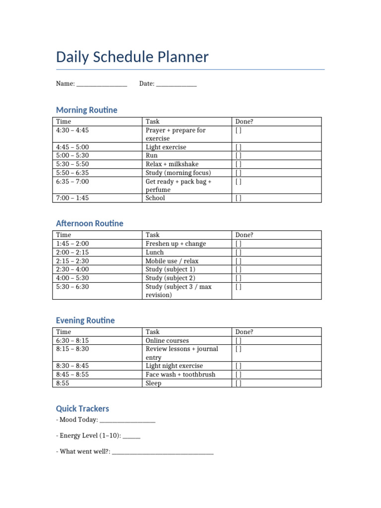 Daily Schedule Planner Template | PDF