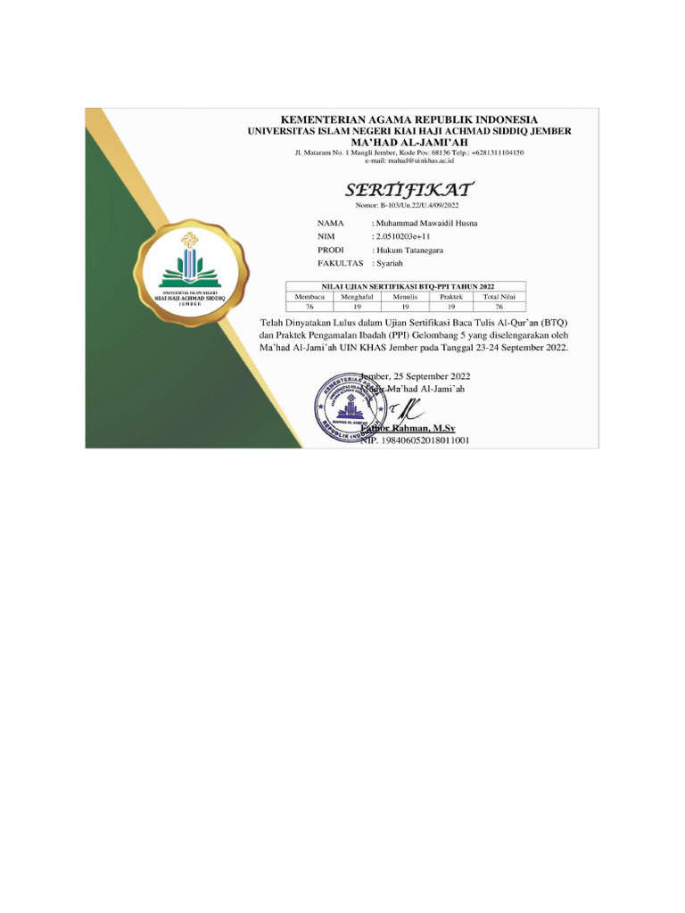 Sertifikat BTQ | PDF