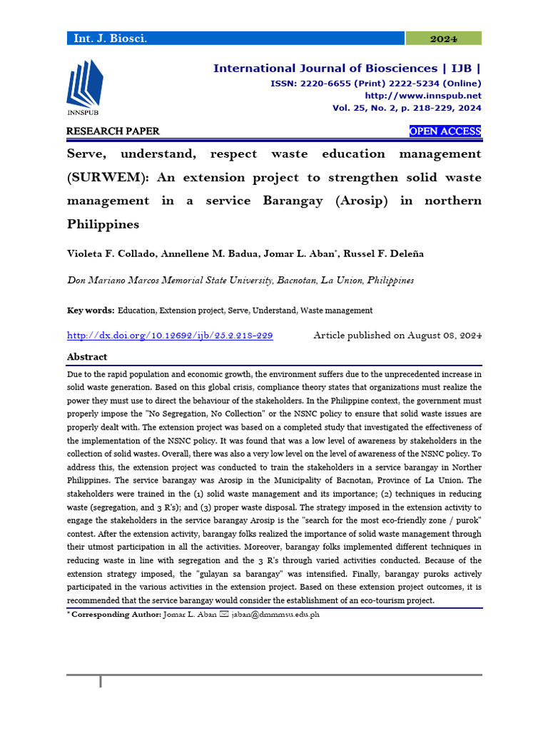 Serve, Understand, Respect Waste Education Management (SURWEM) : An ...