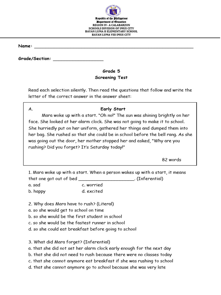 Grade 5 - GST - Phil Iri - English | PDF | Shoe